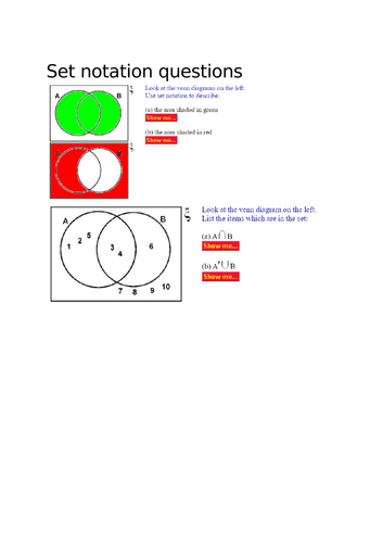 Set Notation Questions Teaching Resources