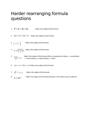 Harder Rearranging Formulae Questions | Teaching Resources