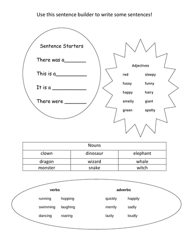 English KS1 sentence builder worksheet | Teaching Resources