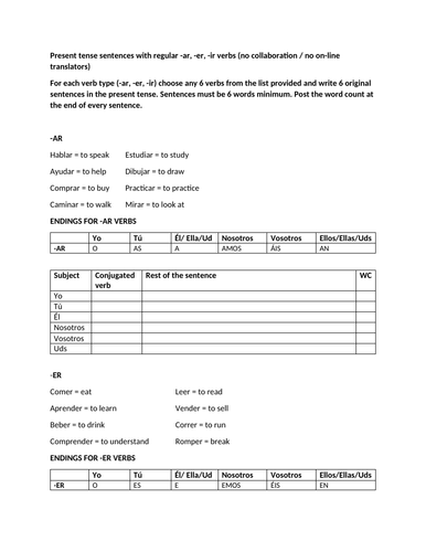 Sentences with ar er ir present tense verbs | Teaching Resources