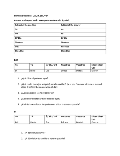 Dar ir ser ver preterit questions | Teaching Resources