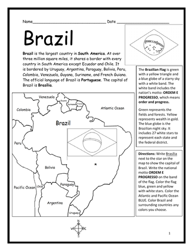 BRAZIL - Introductory Geography Worksheet - Black and White | Teaching ...