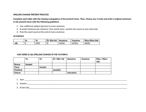Spelling change preterit verb worksheet | Teaching Resources