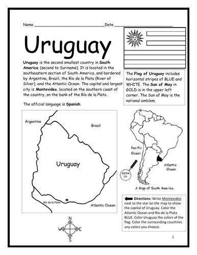 URUGUAY - Introductory Geography Worksheet - Black and White | Teaching ...