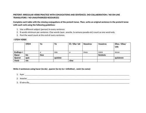 Irregular preterit conjugation and sentences | Teaching Resources