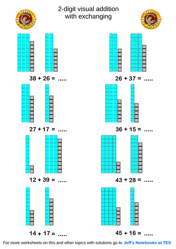2 digit addition with exchanging visual worksheet | Teaching Resources