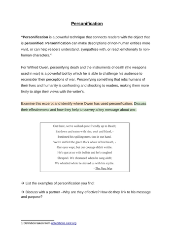 Wilfred Owen The Next War - Personification Workshop | Teaching Resources