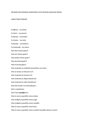 Speaking Assessment second language Welsh Cymraeg GCSE revision sheet ... Speaking Assessment second language Welsh Cymraeg GCSE revision sheet ...