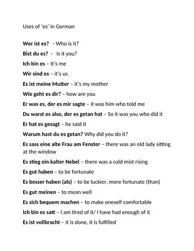 A level German AQA uses of 'es' in German | Teaching Resources
