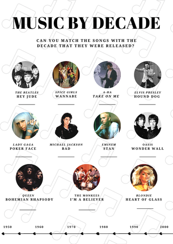 Music / Songs By Decade 1950s - 2000s. Quiz Sheet and Answers - Lesson ...