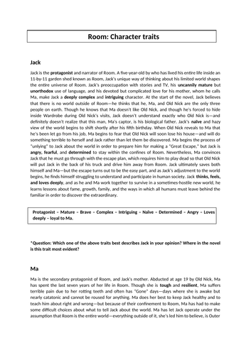 Room Character analysis | Teaching Resources