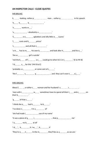 An Inspector Calls - Fill in gap Quotes (cloze activity) | Teaching ...