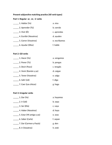 All subjunctive verbs matching practice | Teaching Resources