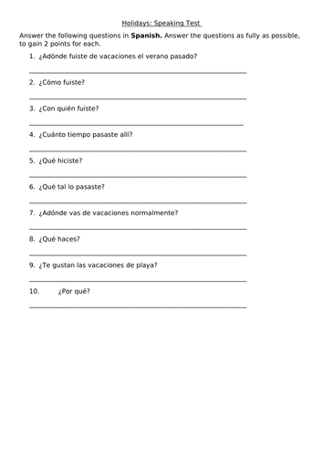 KS3 Spanish: Vacaciones (Holidays) Speaking Test Questions | Teaching ...