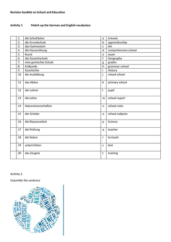 German Revision Booklet School and Education AQA Foundation | Teaching ...
