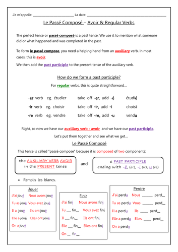FRENCH - LE PASSÉ COMPOSÉ AVEC AVOIR | Teaching Resources