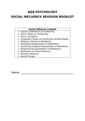 Social Influence Revision Booklet | Teaching Resources