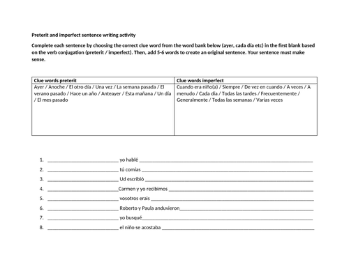 Preterit imperfect sentence writing activity | Teaching Resources