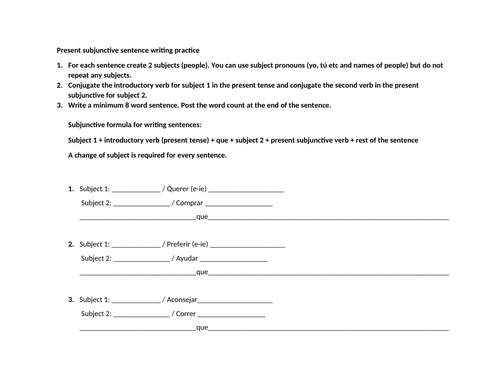 Subjunctive sentence writing practice | Teaching Resources
