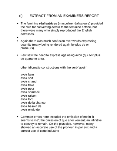 A level French revision sheet by reference to comments from Examiners ...