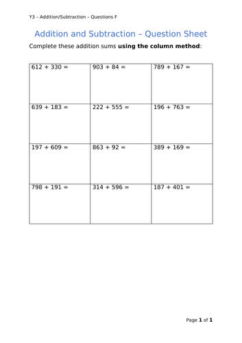 Y3 Maths - Addition & Subtraction (Free) | Teaching Resources