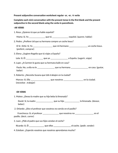 Subjunctive regular verbs conversation worksheet | Teaching Resources