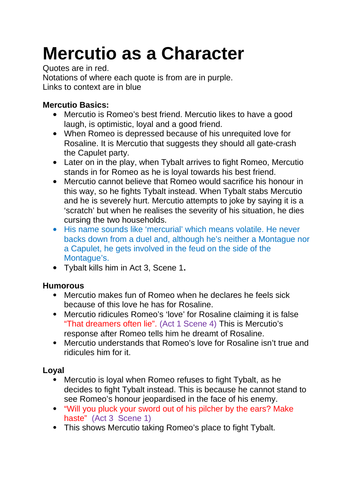 Character Analysis of Mercutio from Romeo and Juliet | Teaching Resources