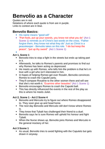 Character Analysis of Benvolio in Romeo and Juliet | Teaching Resources
