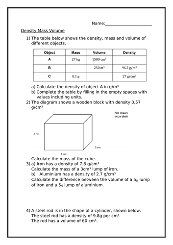 Density Volume And Mass Worksheet
