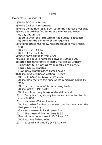 FOUNDATION EXAM STYLE QUESTIONS 9 | Teaching Resources