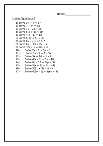 LINEAR EQUATIONS WORKSHEET | Teaching Resources