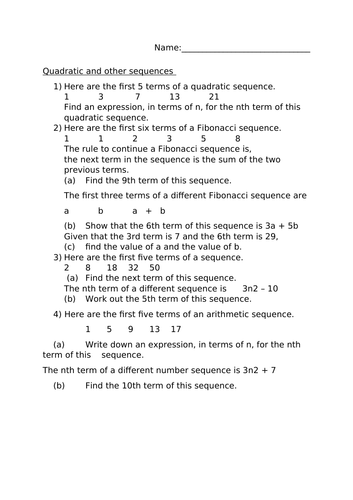 Quadratic And Other Sequences Worksheet Teaching Resources