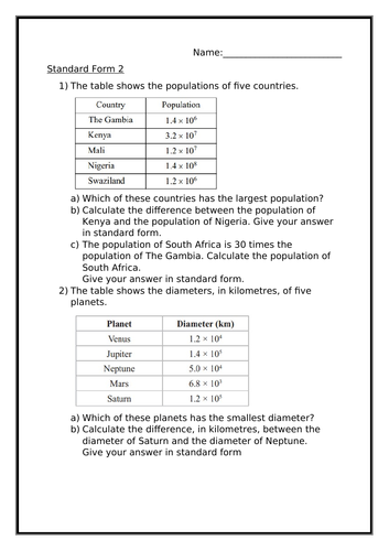 STANDARD FORM WORKSHEET 2 | Teaching Resources