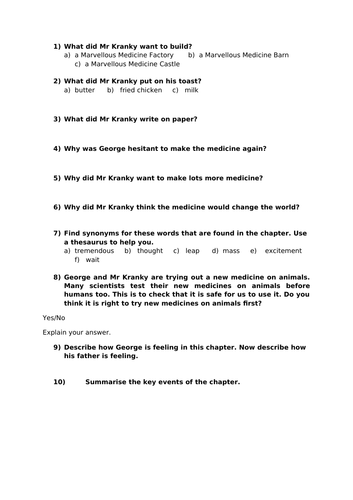 George's Marvellous Medicine - Mr Kranky's Great Idea Comprehension ...