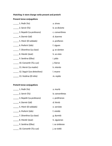 Ir stem change present preterit matching practice | Teaching Resources