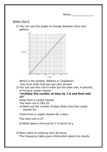MATHS TEST 9 | Teaching Resources