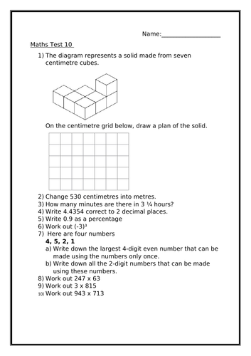 MATHS TEST 10 | Teaching Resources