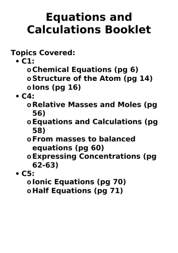 AQA Chemistry Equations and Calculations Booklet | Teaching Resources
