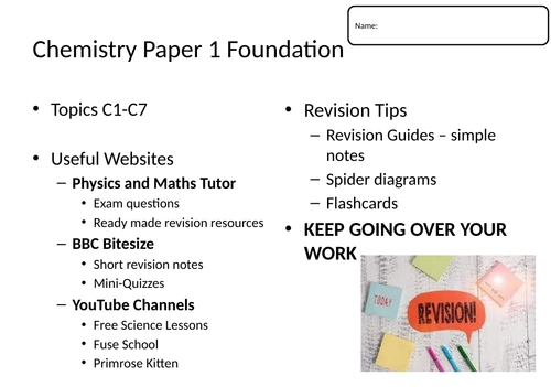 AQA Chemistry Combined Science Paper 1 Revision Sheets | Teaching Resources
