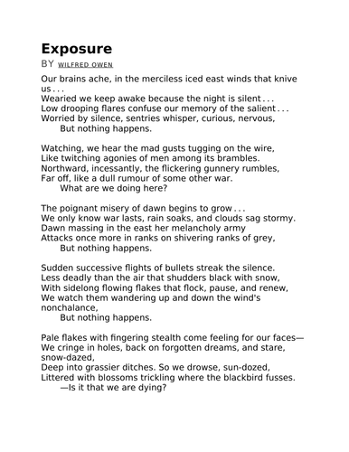 WAR AND CONFLICT POETRY GCSE LITERATURE 'EXPOSURE' WILFRED OWEN - critical analysis | Teaching ...