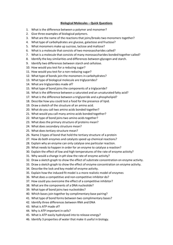 AQA A-Level Biology - Biological Molecules Quick Revision Questions ...