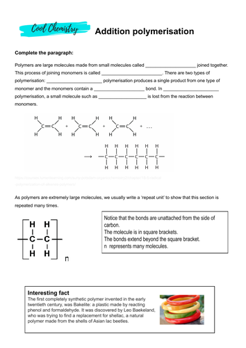 Addition polymerisation worksheet and answer key | Teaching Resources