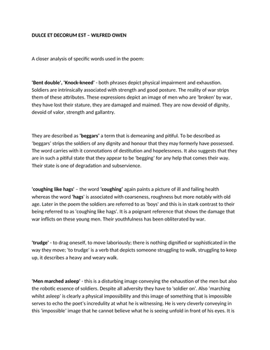 Dulce et Decorum Est Wilfred Owen A discussion of the diction with ...