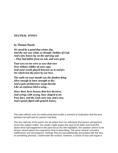 GCSE ENGLISH LITERATURE THOMAS HARDY POEM NEUTRAL TONES an analysis ...