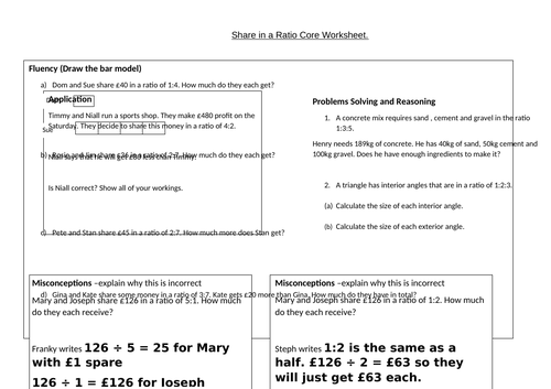 Share in a ratio mastery worksheet. | Teaching Resources