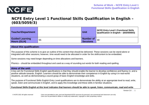 NCFE Functional Skills English Entry Level 1 Scheme of Work 603/5059/3 ... NCFE Functional Skills English Entry Level 1 Scheme of Work 603/5059/3 ...