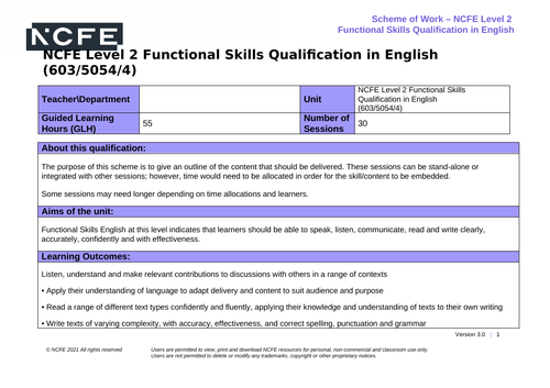 NCFE Functional Skills English Level 2 Scheme of Work 603/5054/4 ... NCFE Functional Skills English Level 2 Scheme of Work 603/5054/4 ...