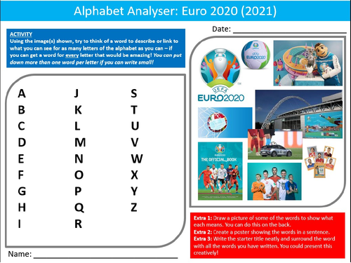 Football Euro 2020 Soccer Alphabet Analyser Sheet Activity Keywords PE ...