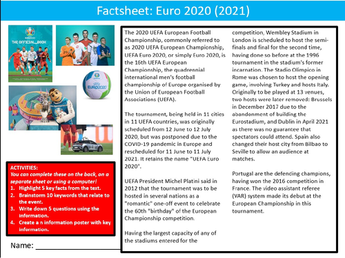 Football Euro 2020 (2021) Soccer Factsheet Worksheet Activity Keywords ...