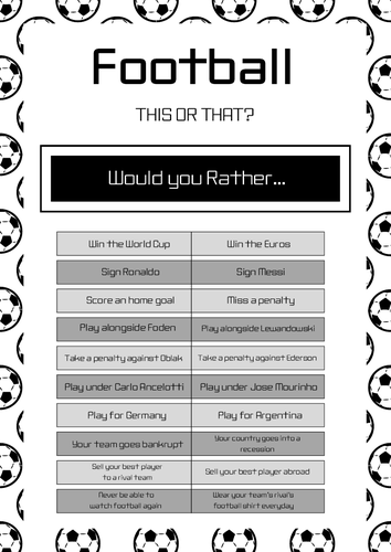 Football: Would You Rather This or That Activity - Euros 2020 Lesson ...